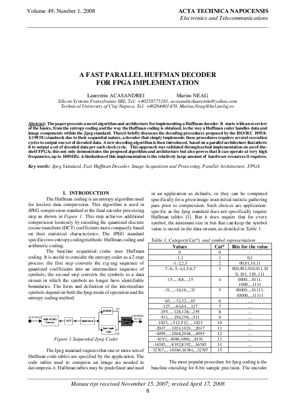 Pdf A Fast Parallel Huffman Decoder For Fpga Implementation