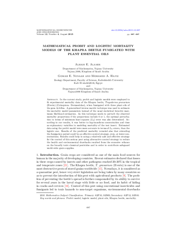 (PDF) MATHEMATICAL PROBIT AND LOGISTIC MORTALITY MODELS OF THE KHAPRA ...