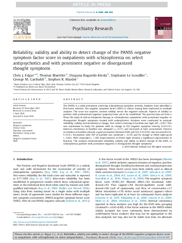 (PDF) Reliability, validity and ability to detect change of the PANSS ...