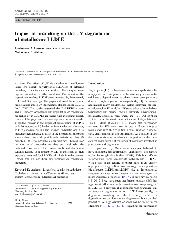 (PDF) Impact of UV on the Degradation of metallocene LLDPE of different ...
