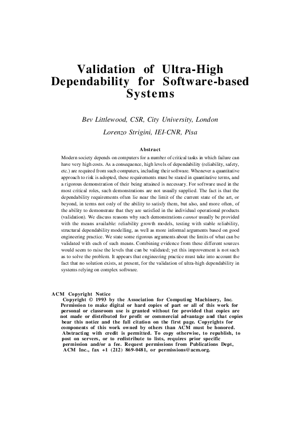 (PDF) Validation of ultrahigh dependability for software-based systems