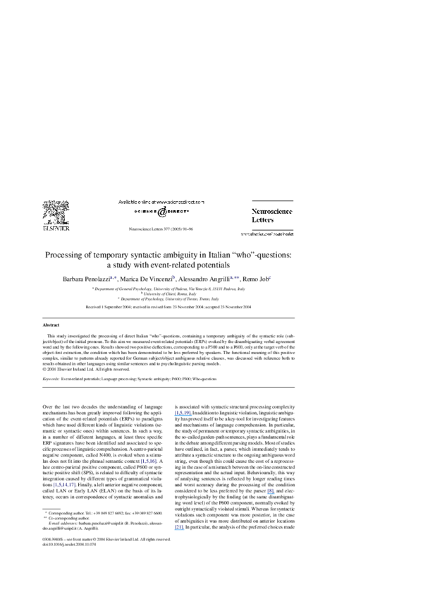(PDF) Processing of temporary syntactic ambiguity in Italian “who”-questions: a study with event ...