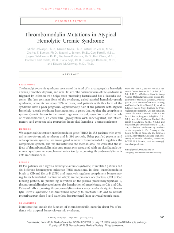 (PDF) Thrombomodulin Mutations in Atypical Hemolytic–Uremic Syndrome