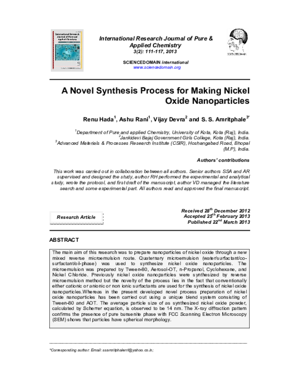 (PDF) a novel synthesis process for making nickel oxide nanoparticles (PDF) a novel synthesis process for making nickel oxide nanoparticles