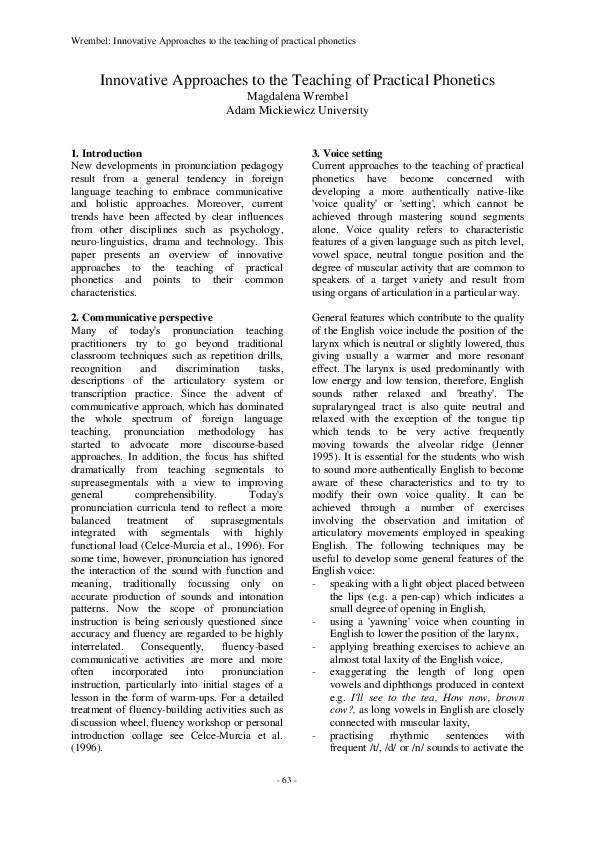 (PDF) Innovative approaches to the teaching of practical phonetics (PDF) Innovative approaches to the teaching of practical phonetics