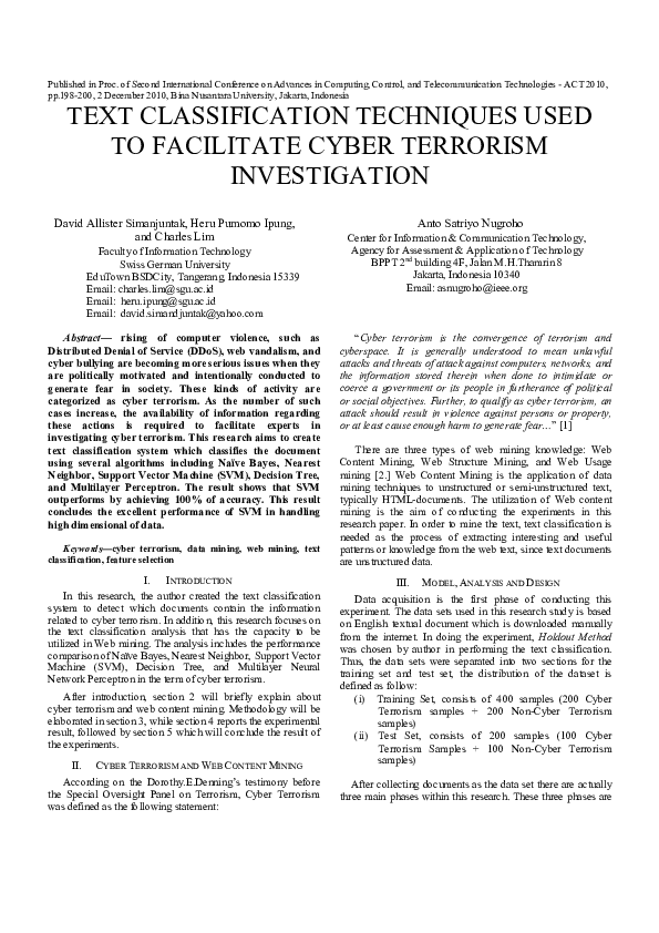 Pdf Text Classification Techniques Used To Facilitate Cyber Terrorism Investigation 