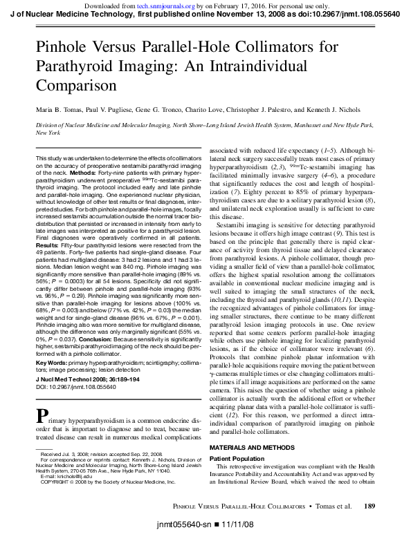 (PDF) Pinhole Versus Parallel-Hole Collimators for Parathyroid Imaging: An Intraindividual ...