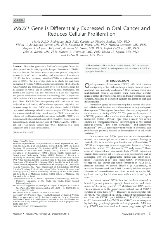 (PDF) PROX1 Gene is Differentially Expressed in Oral Cancer and Reduces ...