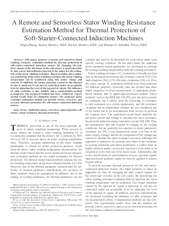 Pdf A Remote And Sensorless Stator Winding Resistance Estimation Method For Thermal Protection