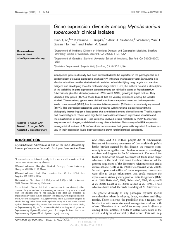 (PDF) Gene expression diversity among Mycobacterium tuberculosis ...