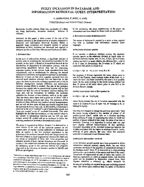Pdf Fuzzy Inclusion In Database And Information Retrieval Query Interpretation