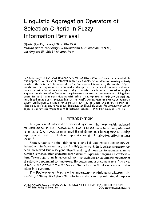 Pdf Linguistic Aggregation Operators Of Selection Criteria In Fuzzy Information Retrieval