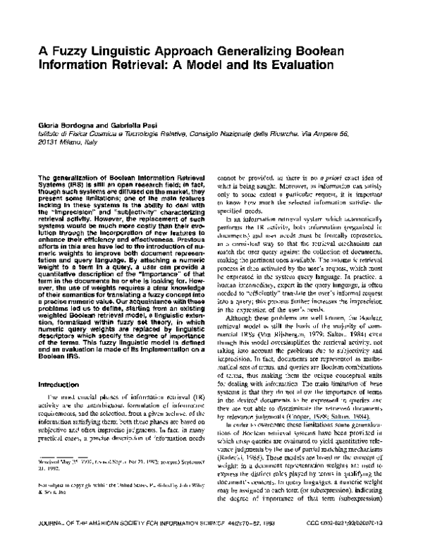Pdf A Fuzzy Linguistic Approach Generalizing Boolean Information Retrieval A Model And Its