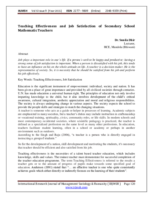 (PDF) Teaching Effectiveness and Job Satisfaction of Secondary School Mathematic Teachers