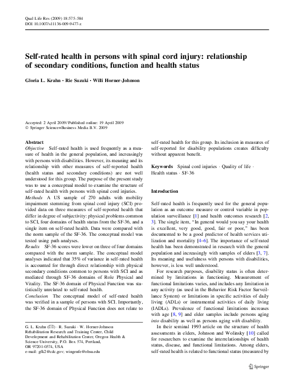 (PDF) Self-rated health in persons with spinal cord injury: relationship of secondary conditions ...