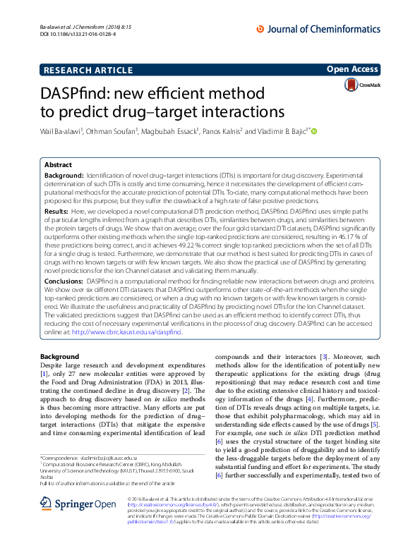 (PDF) DASPfind: new efficient method to predict drug–target interactions