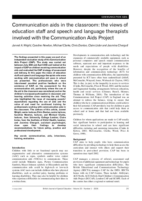(PDF) Communication aids in the classroom: the views of education staff ...