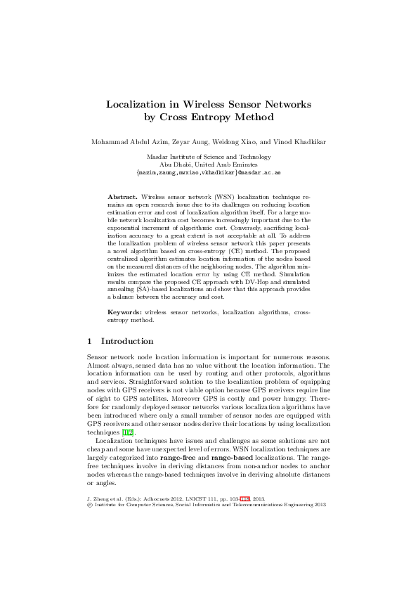 Pdf Localization In Wireless Sensor Networks By Cross Entropy Method