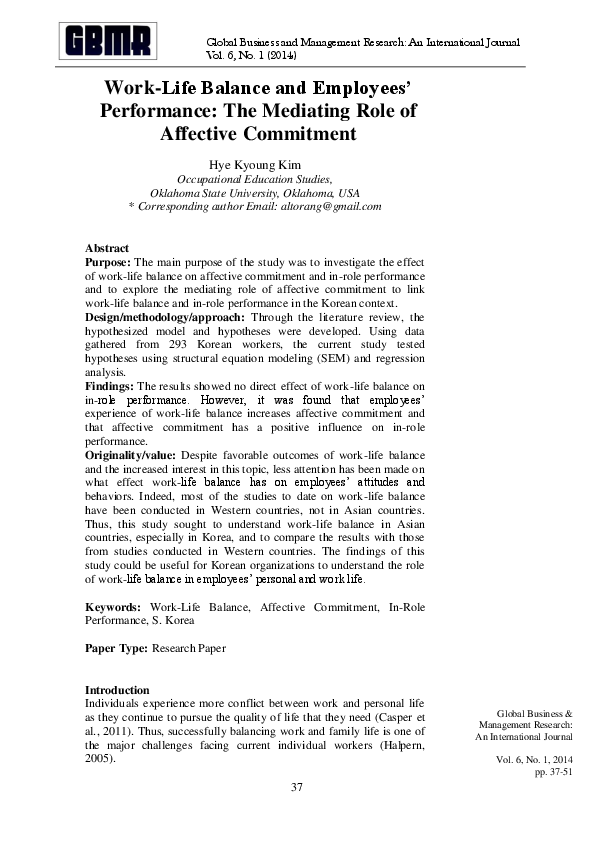 (PDF) Work-Life Balance and Employees' Performance: The Mediating Role of Affective Commitment