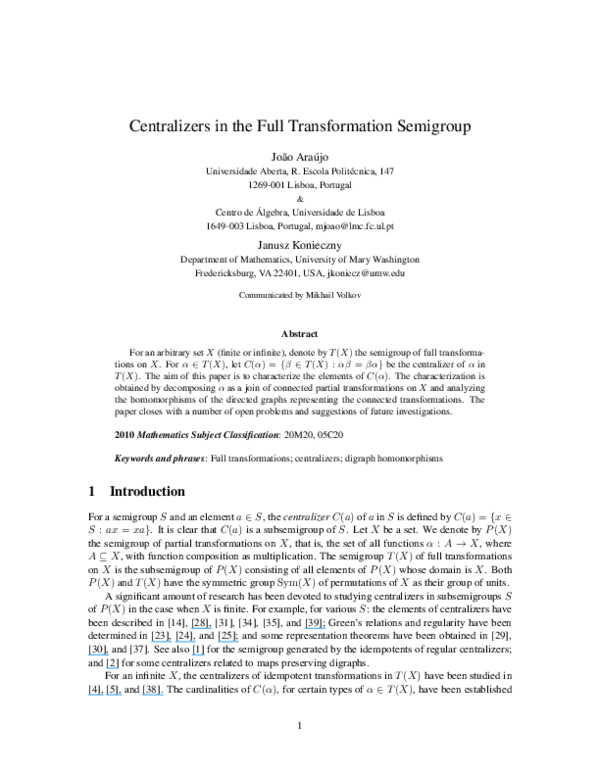 (PDF) Centralizers in the Full Transformation Semigroup