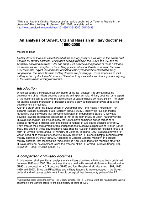 (PDF) 011200 An analysis of Soviet, CIS and Russian military doctrines ...