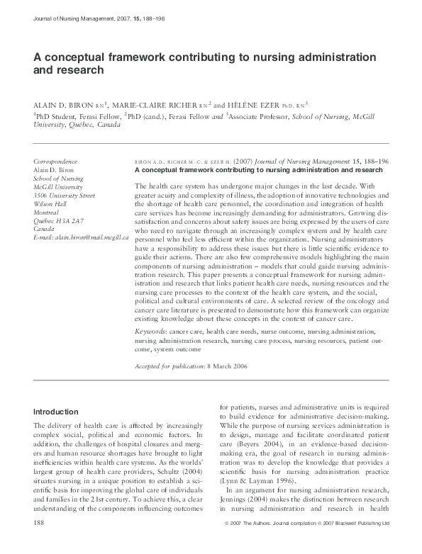 (PDF) A conceptual framework contributing to nursing administration and ...