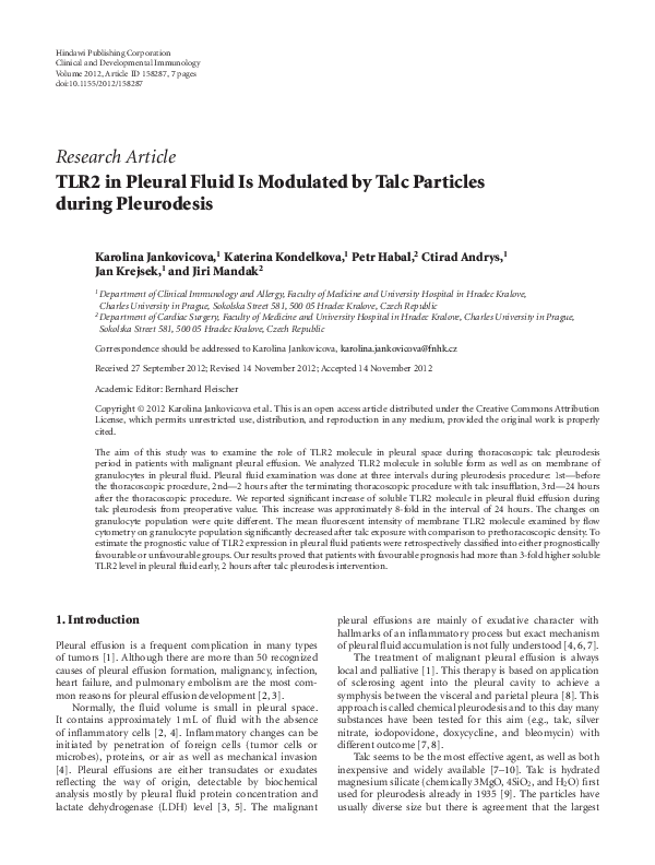 (PDF) TLR2 in Pleural Fluid Is Modulated by Talc Particles during ...