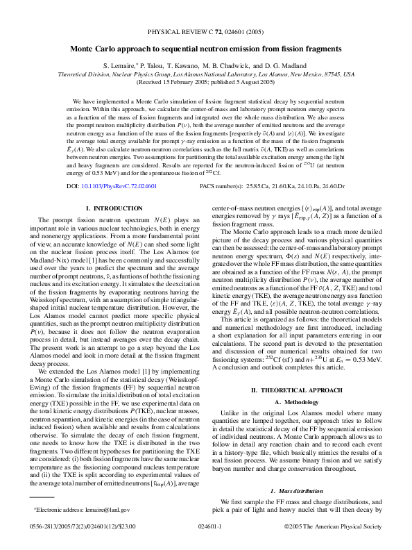 (PDF) Monte Carlo approach to sequential neutron emission from fission fragments