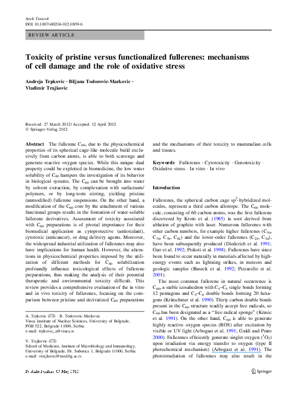 (PDF) Toxicity of pristine versus functionalized fullerenes: mechanisms of cell damage and the ...