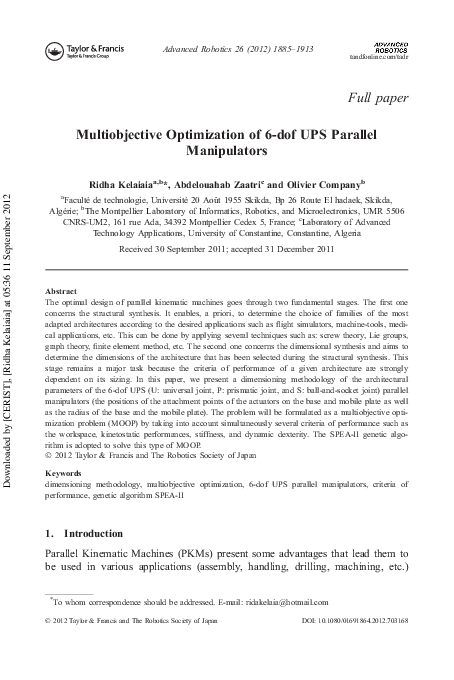 (PDF) Multiobjective Optimization of 6-dof UPS Parallel Manipulators | Ridha KELAIAIA and ...