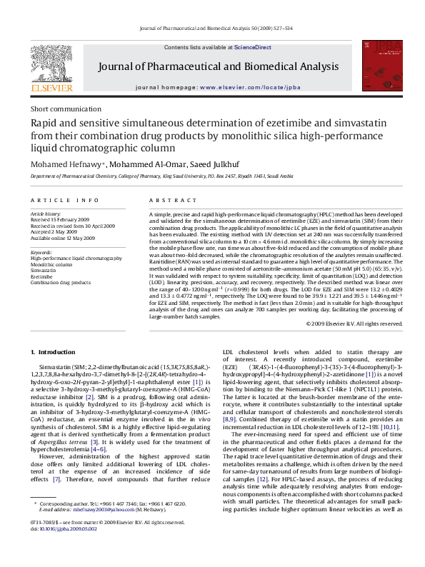 (PDF) Rapid and sensitive simultaneous determination of ezetimibe and simvastatin from their ...