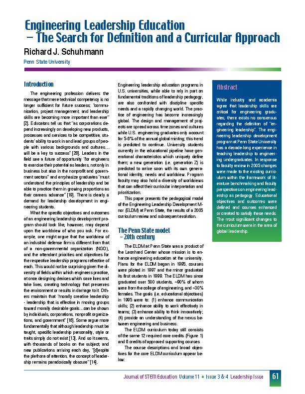 (PDF) Engineering Leadership Education: The Search for Definition and a ...