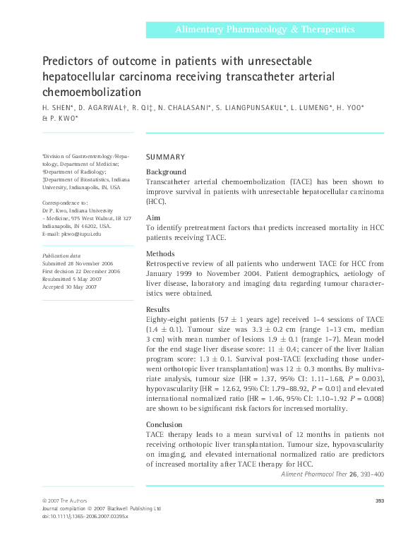 (PDF) Predictors of outcome in patients with unresectable hepatocellular carcinoma receiving ...