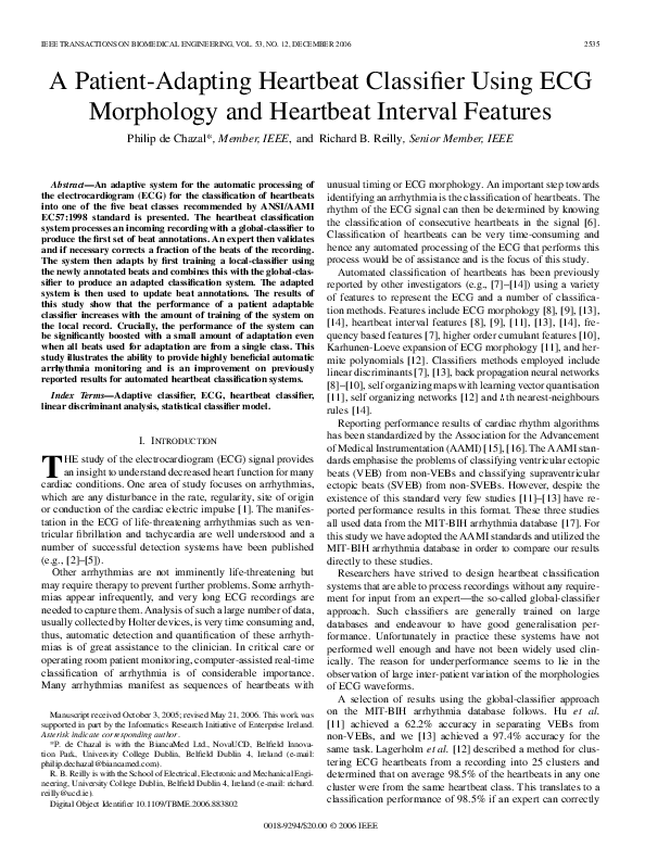 (PDF) A Patient-Adapting Heartbeat Classifier Using ECG Morphology and Heartbeat Interval Features