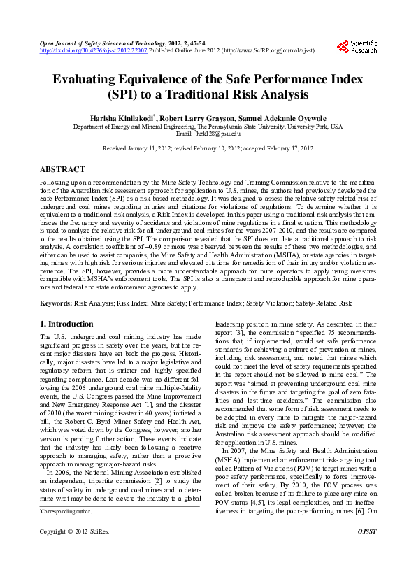 (PDF) Evaluating Equivalence of the Safe Performance Index (SPI) to a ...