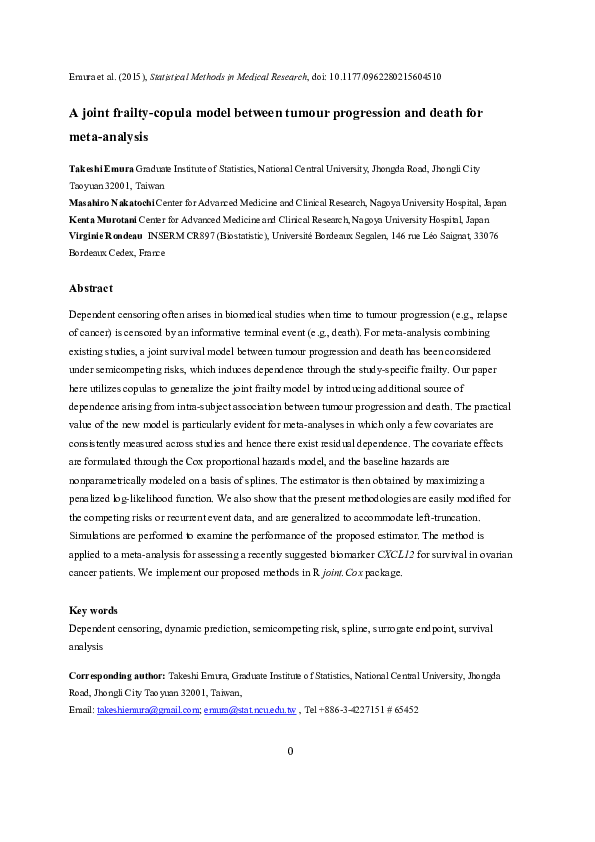 (PDF) A joint frailty-copula model between tumour progression and death for meta-analysis