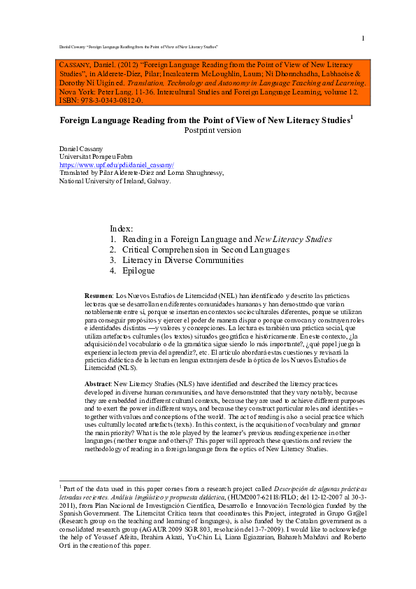 (PDF) Foreign Language Reading from the Point of View of New Literacy ...