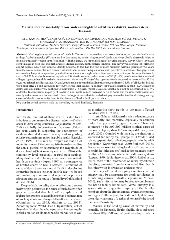 (PDF) Malaria specific mortality in lowlands and highlands of Muheza ...