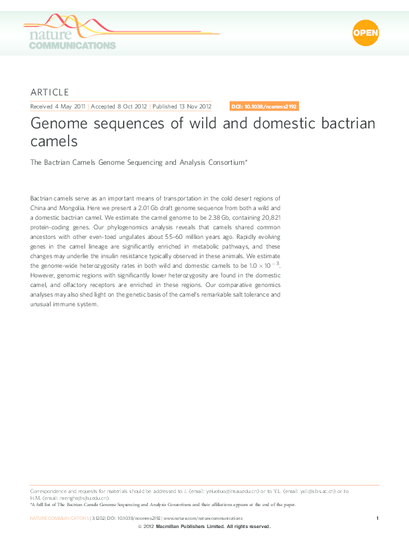 (PDF) Genome sequences of wild and domestic bactrian camels