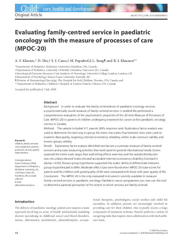 (PDF) Evaluating family-centred service in paediatric oncology with the measure of processes of ...