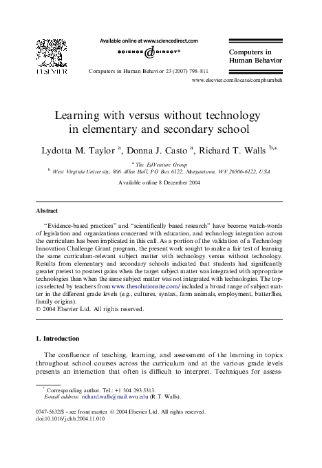 (PDF) Learning with versus without technology in elementary and ...