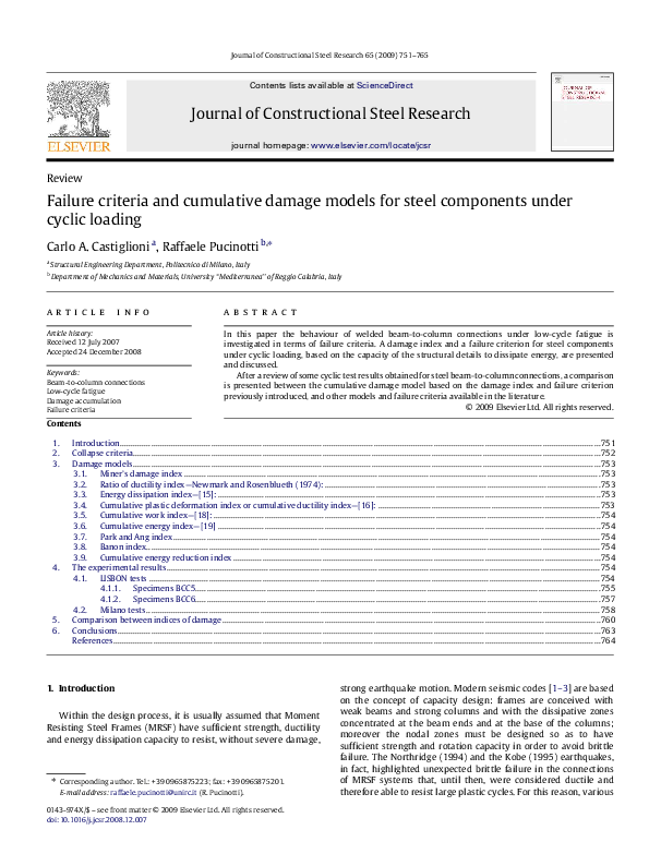 (PDF) Failure criteria and cumulative damage models for steel components under cyclic loading
