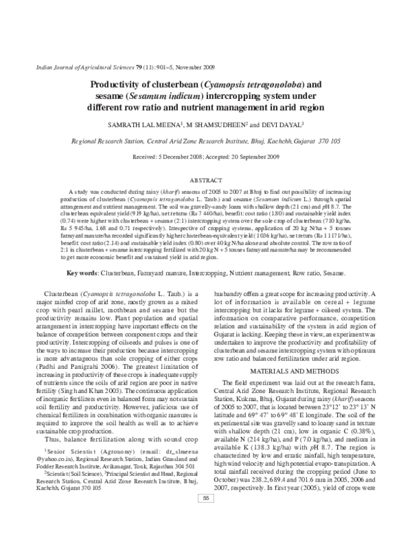 (PDF) Productivity of clusterbean (Cyamopsis tetragonoloba) and sesame (Sesamum indicum ...