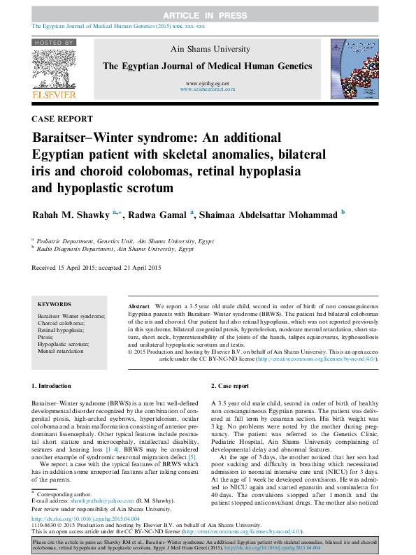(PDF) Baraitser–Winter syndrome: An additional Egyptian patient with skeletal anomalies ...
