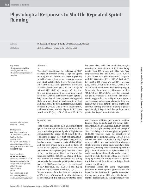 (PDF) Physiological responses to shuttle repeated-sprint running