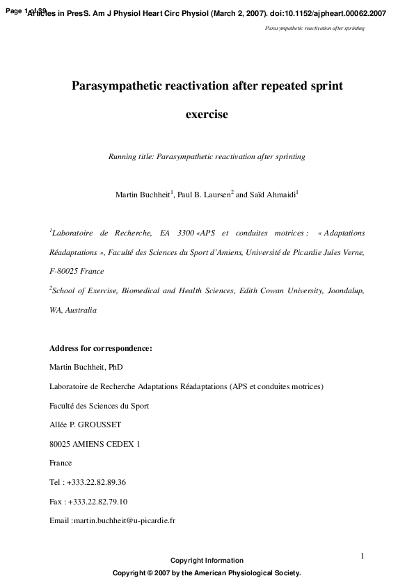 (PDF) Parasympathetic reactivation after repeated sprint exercise