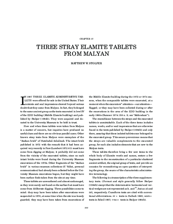 Three Stray Elamite Tablets from Malyan (Festschrift Sumner)