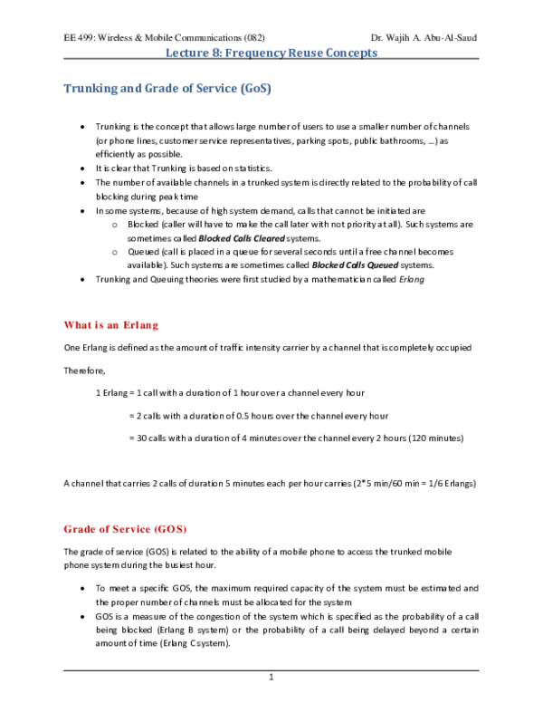 (PDF) Lecture 8: Frequency Reuse Concepts Trunking and Grade of Service ...