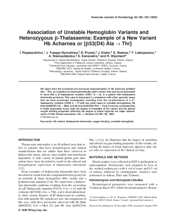 (PDF) Association of unstable hemoglobin variants and heterozygous β ...