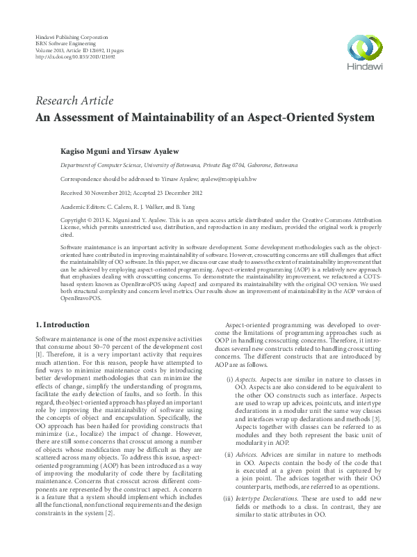 (PDF) An Assessment of Maintainability of an Aspect-Oriented System